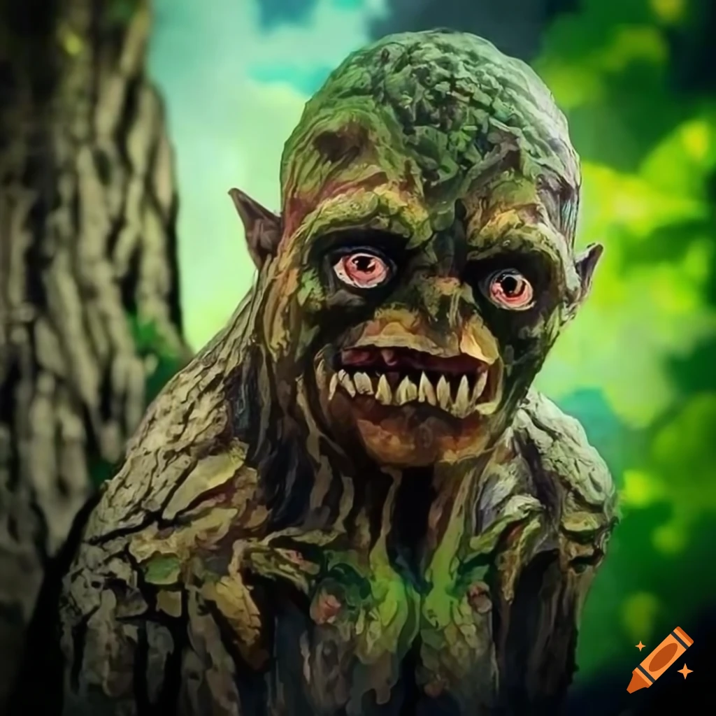 Rotten tree monster made of tree bark in a hyper-realistic scene on Craiyon