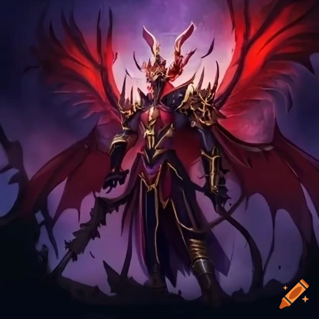 Anime character with bat wings, demon horns, and a crown in a powerful ...