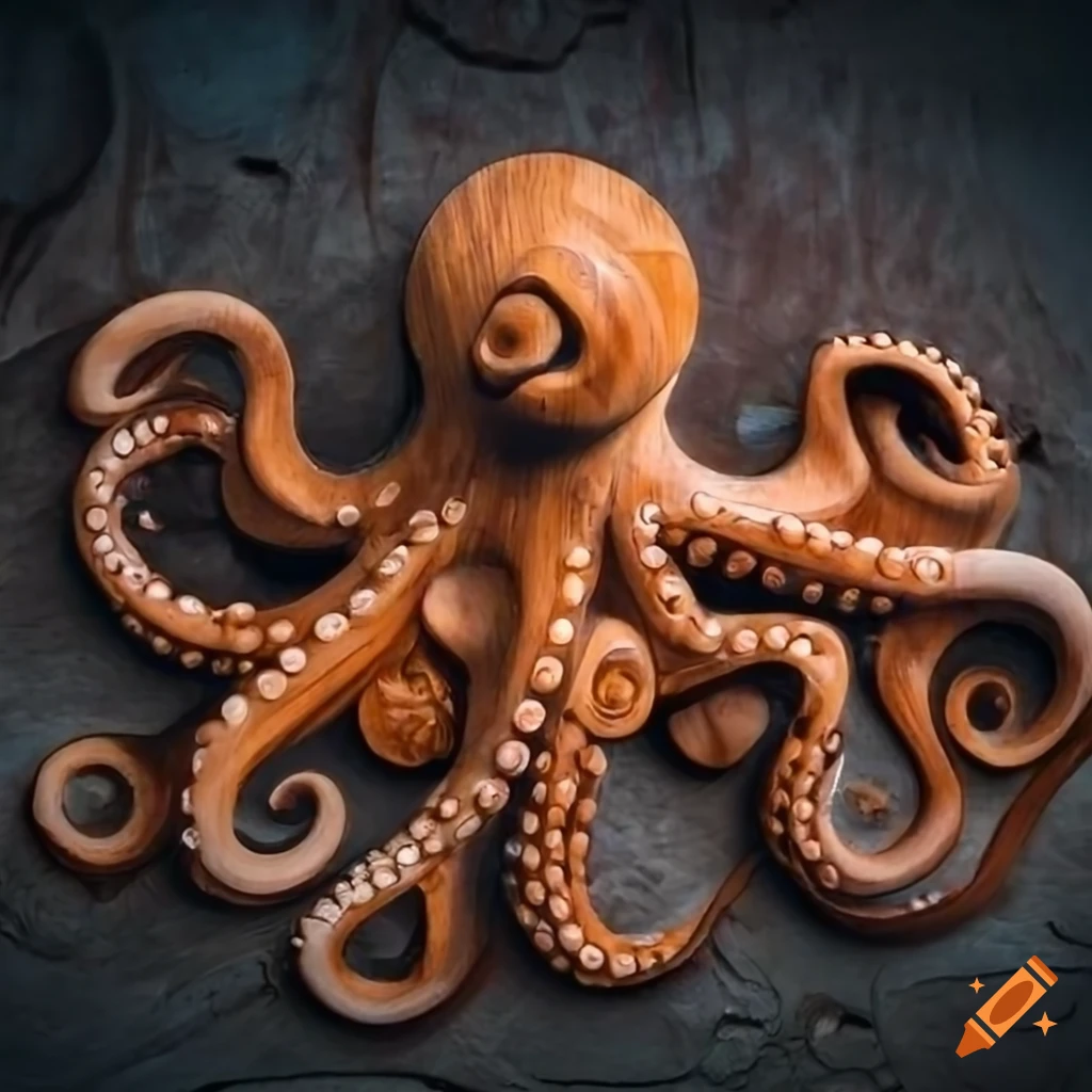 Wooden carving of an octopus on coral on Craiyon