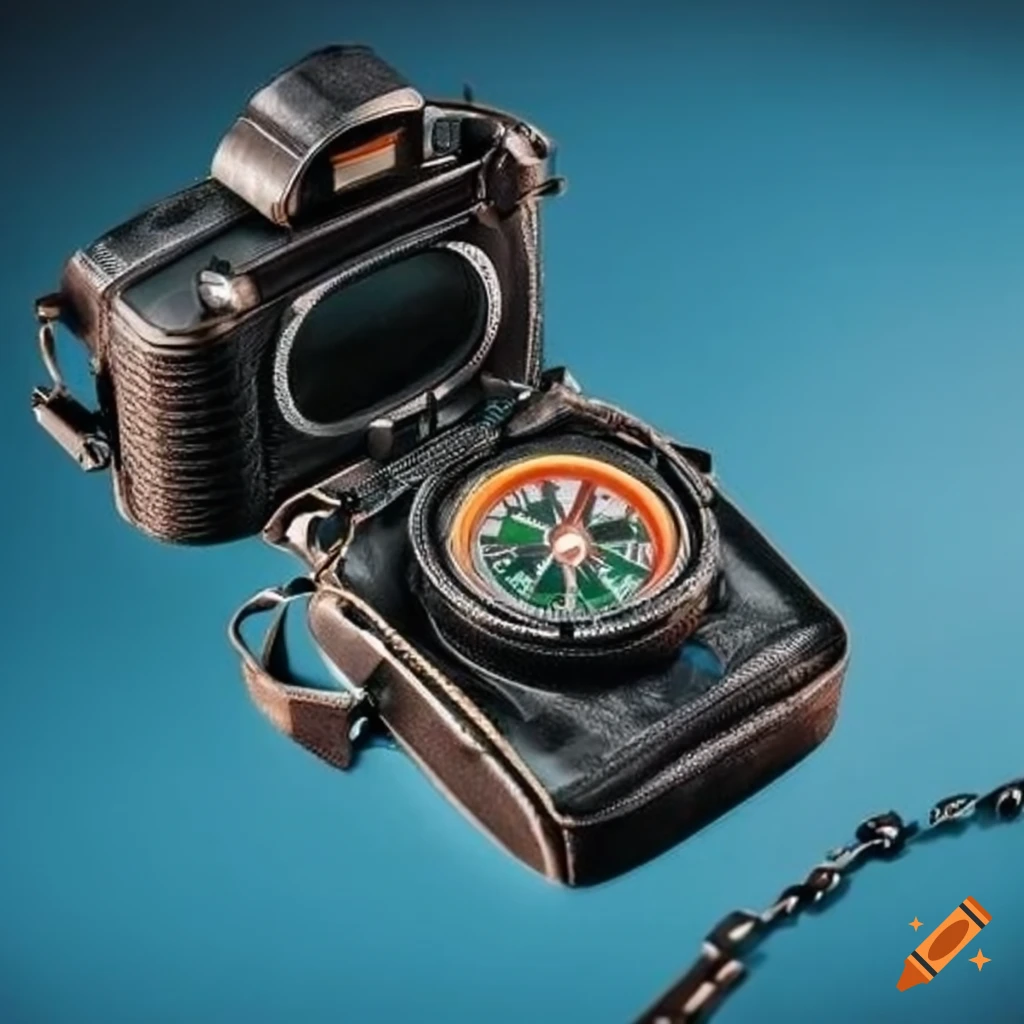 Map, camera, compass, world map, airplane, and bag on Craiyon