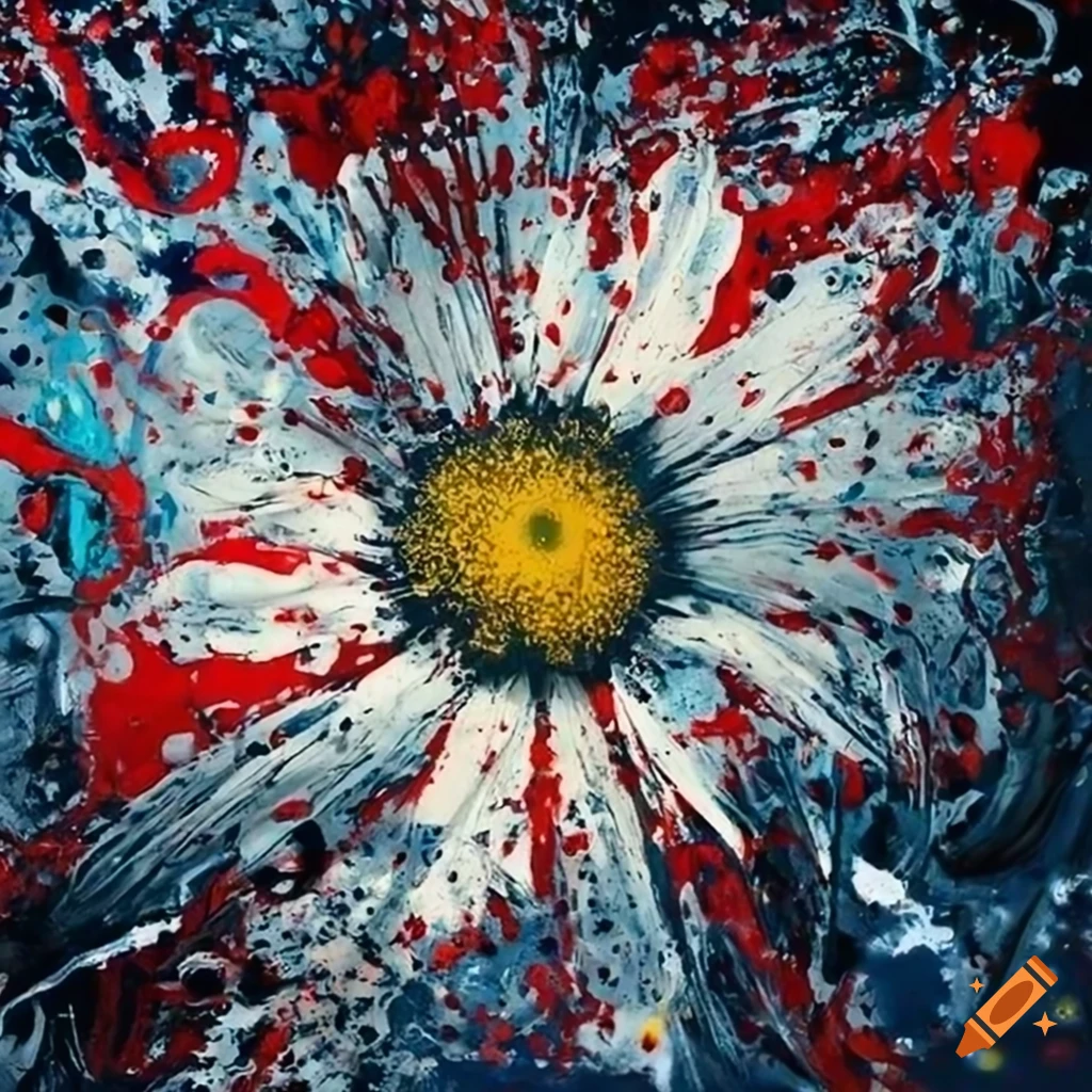 Abstract splatter painting depicting chamomile flowers in silver and ...