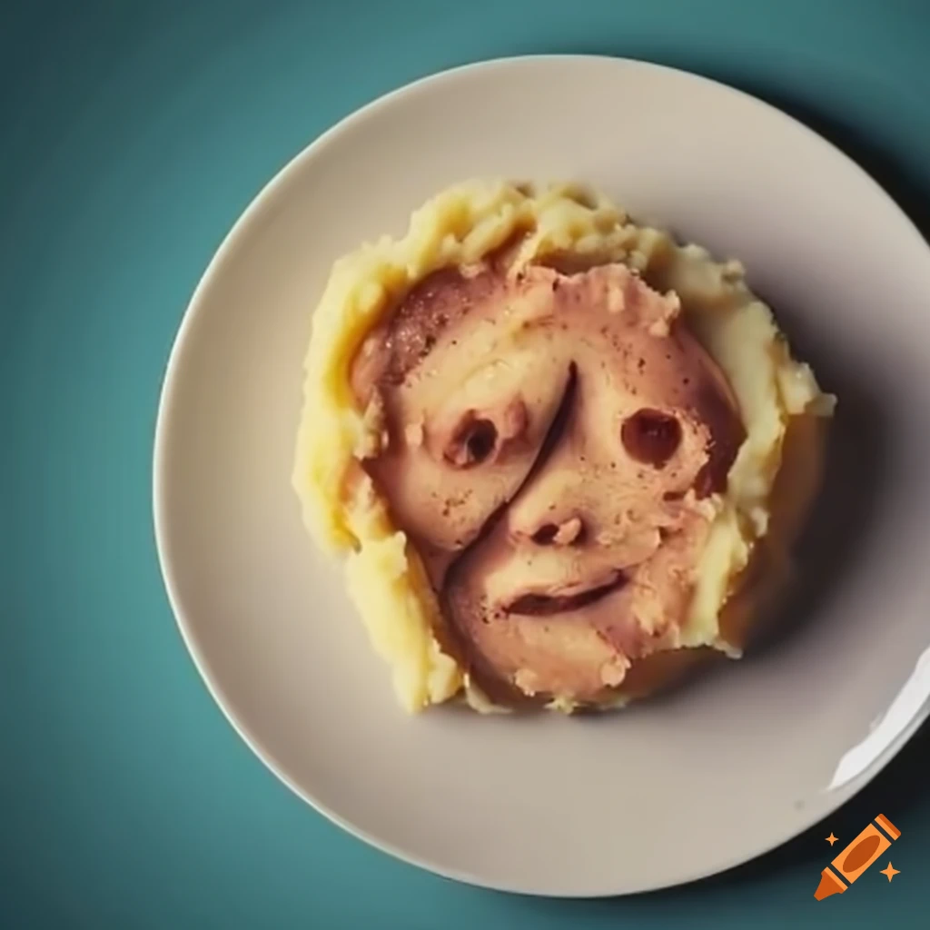 Mashed potatoes with a face popping out on a plate on Craiyon