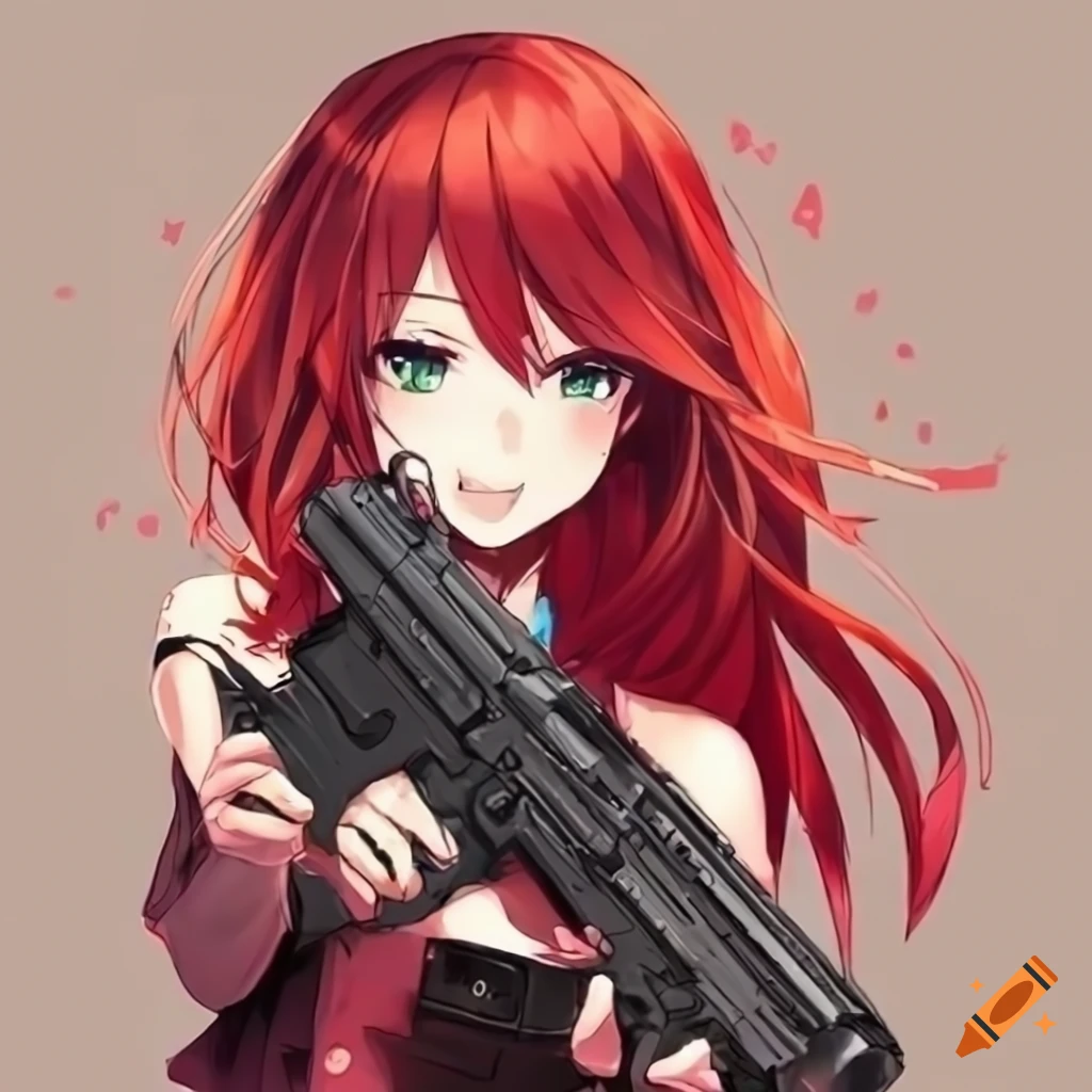 Anime girl with red hair holding a gun on Craiyon
