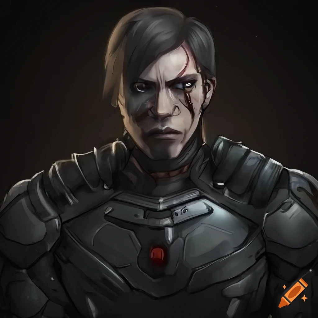 Sci-fi human with scars, black hair, and armor holding a sword in ...