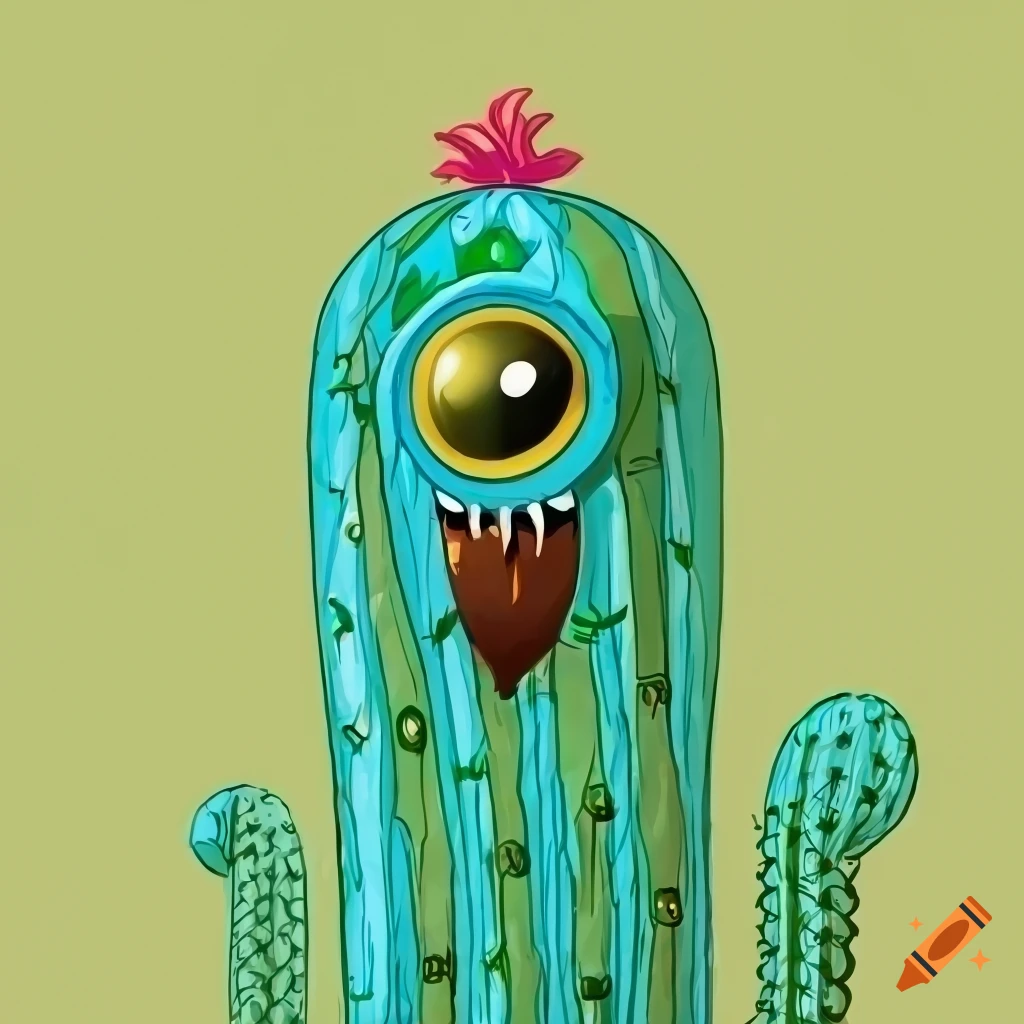 Stylized cactus-monster drawing with big eyes on white background on Craiyon