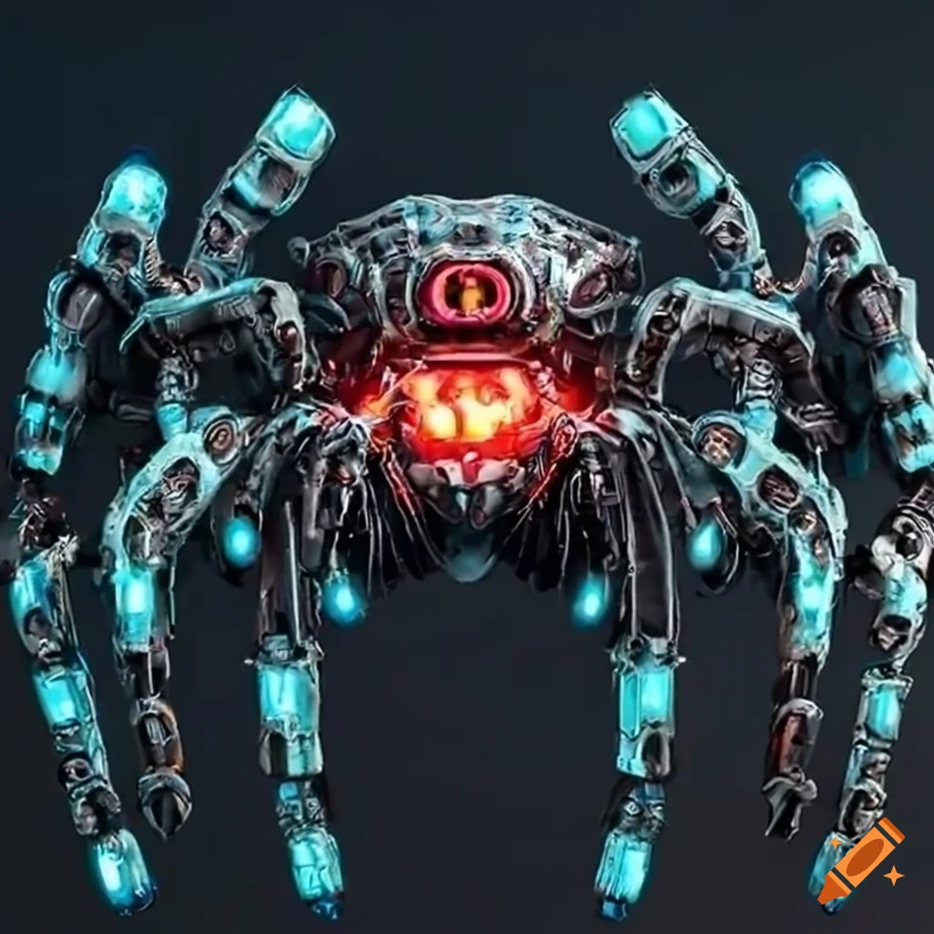 Intricately detailed robotic spider with glowing eyes prepared for ...