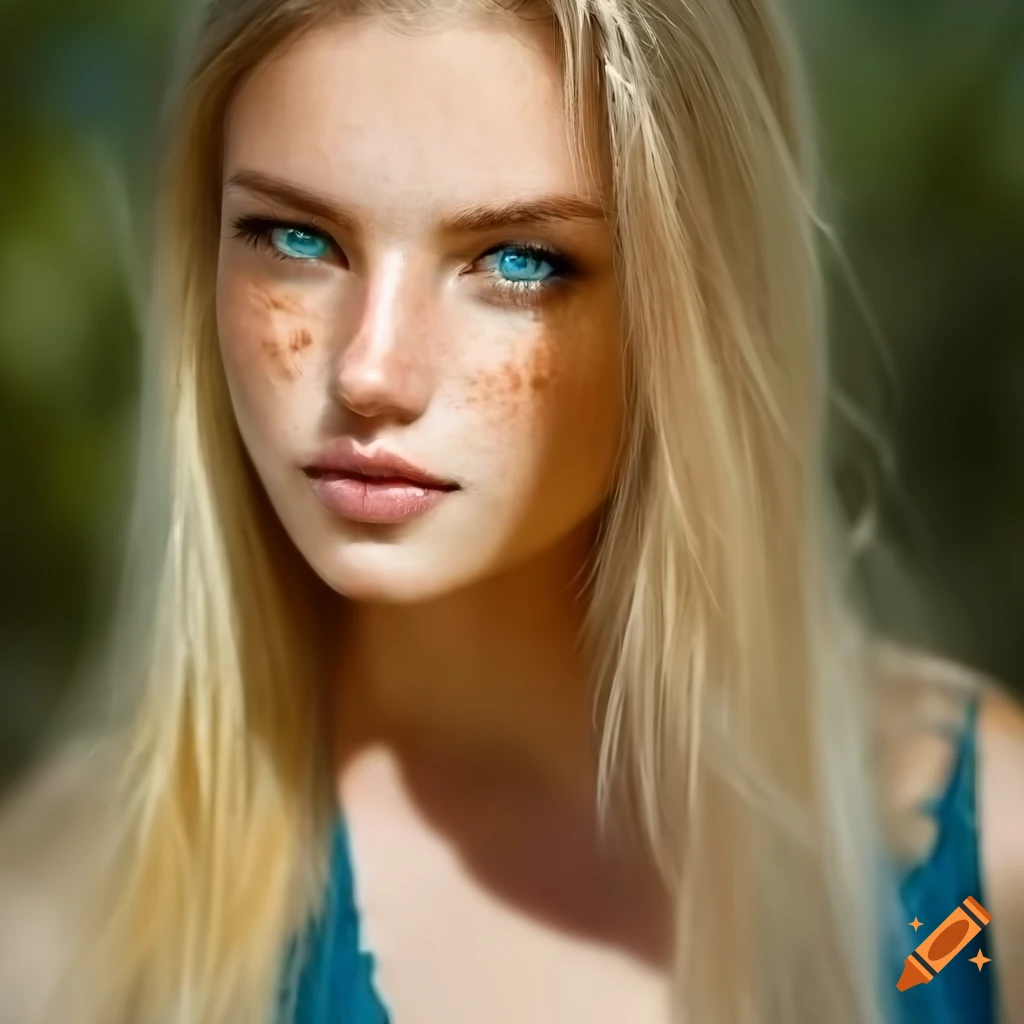 Portrait Of A Sun Kissed Young Woman With Blue Eyes And Freckles On Craiyon