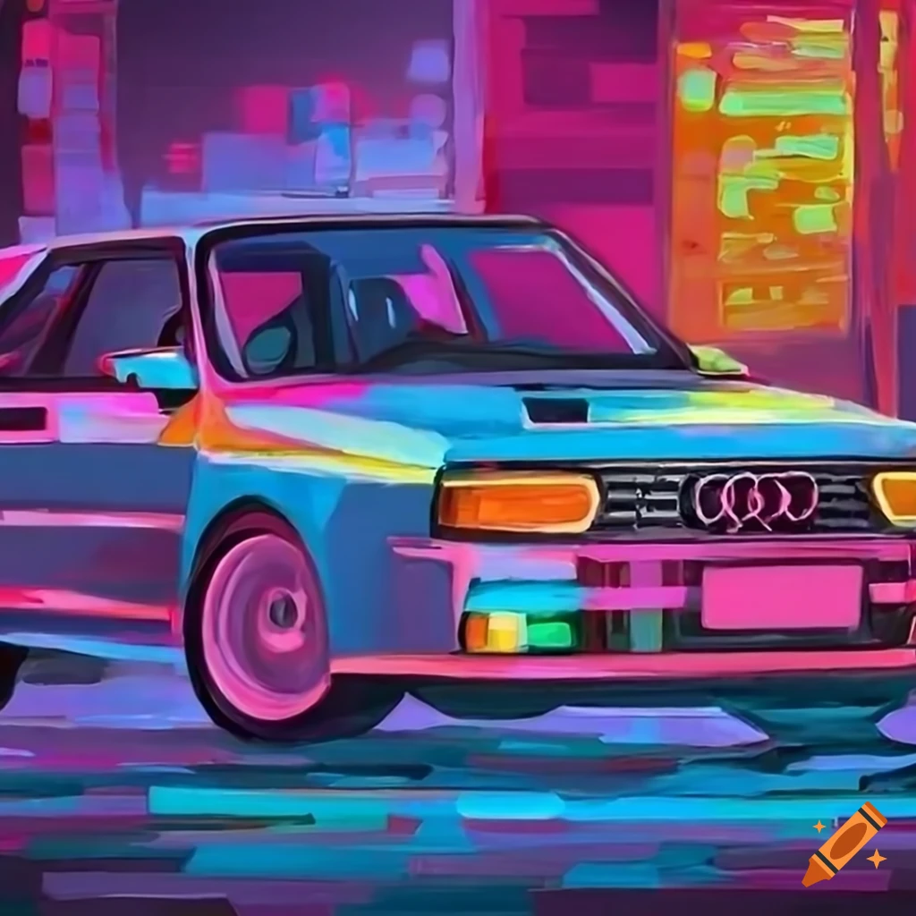 Illuminated audi sport quattro in a neon light oil painting on Craiyon