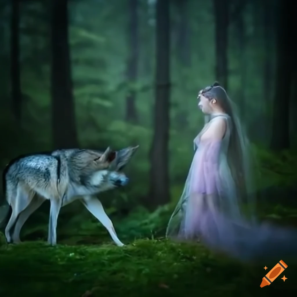 Ethereal fairy playing with a forest wolf on Craiyon