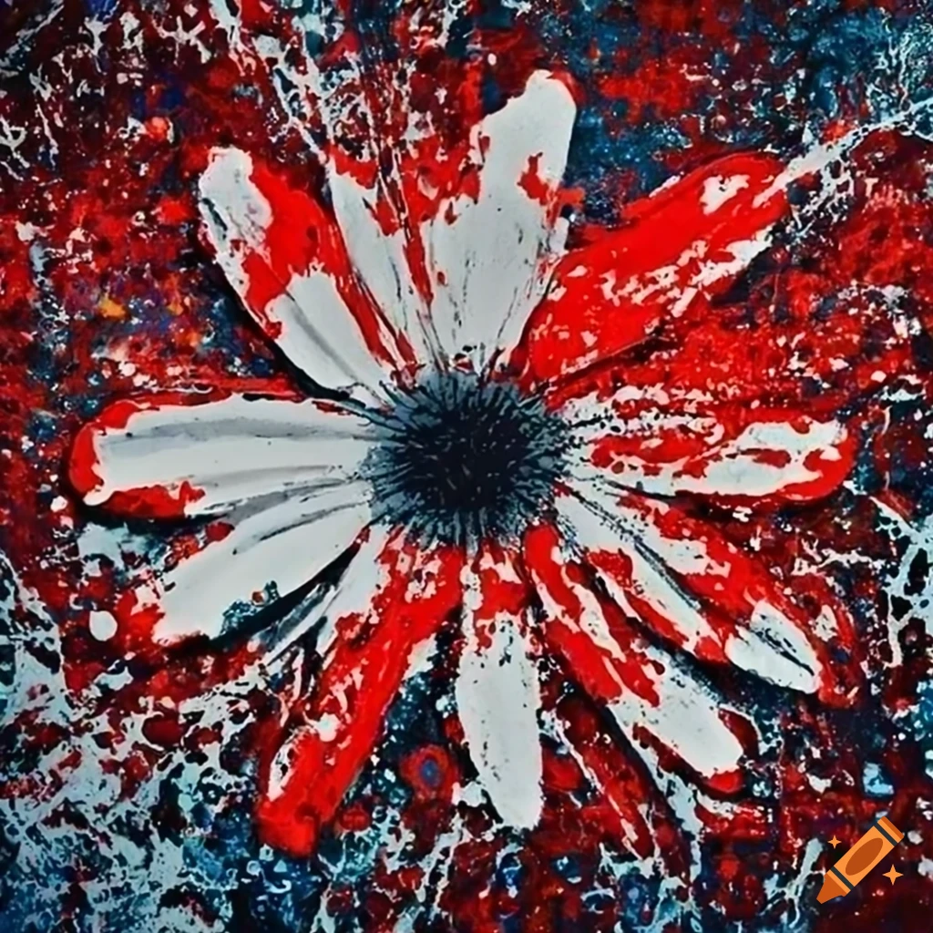 Abstract splatter painting in silver, white, red, and yellow with ...