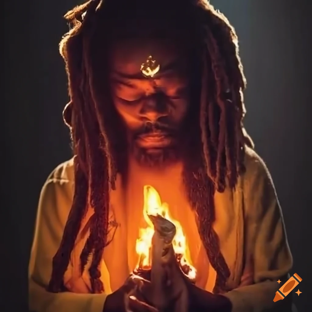 Rasta priest with thick dreads praying in bonfire light on Craiyon