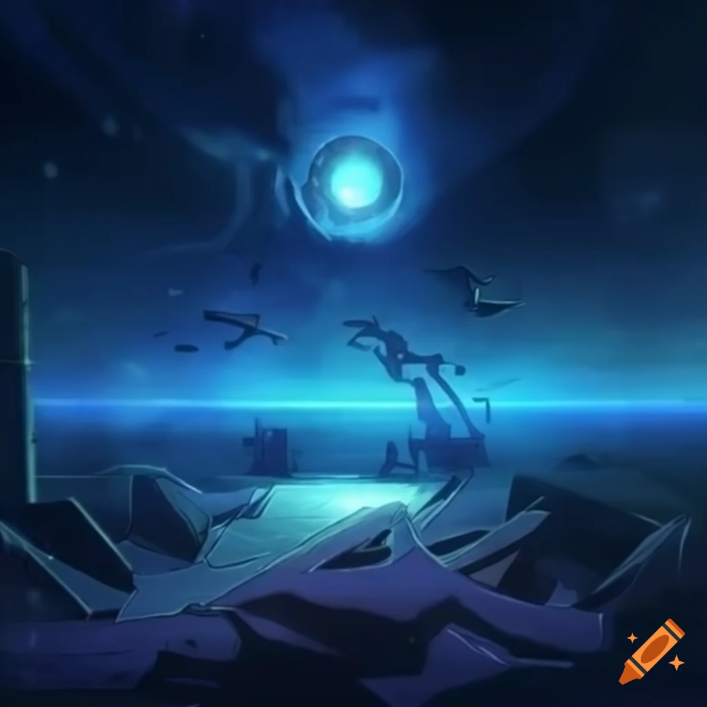 Yugioh artwork of a stranded spaceship on the horizon on Craiyon