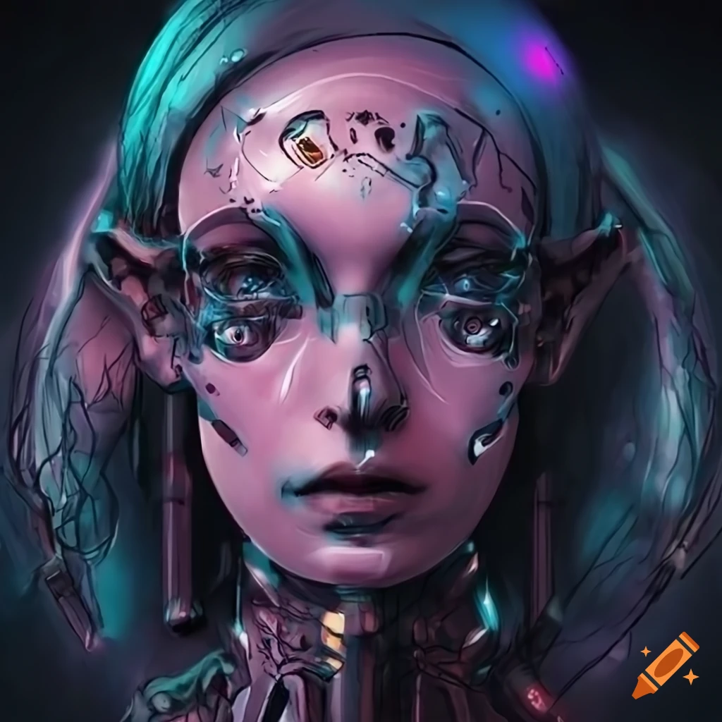 Portrait of a female cyborg goddess in a dark cyberpunk cityscape on ...