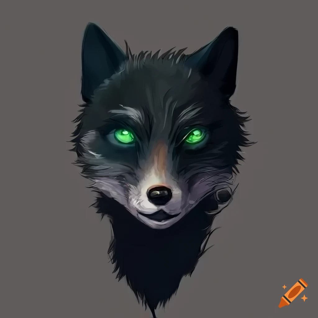 Anthropomorphic black fox with green eyes in Stellaris art style on Craiyon