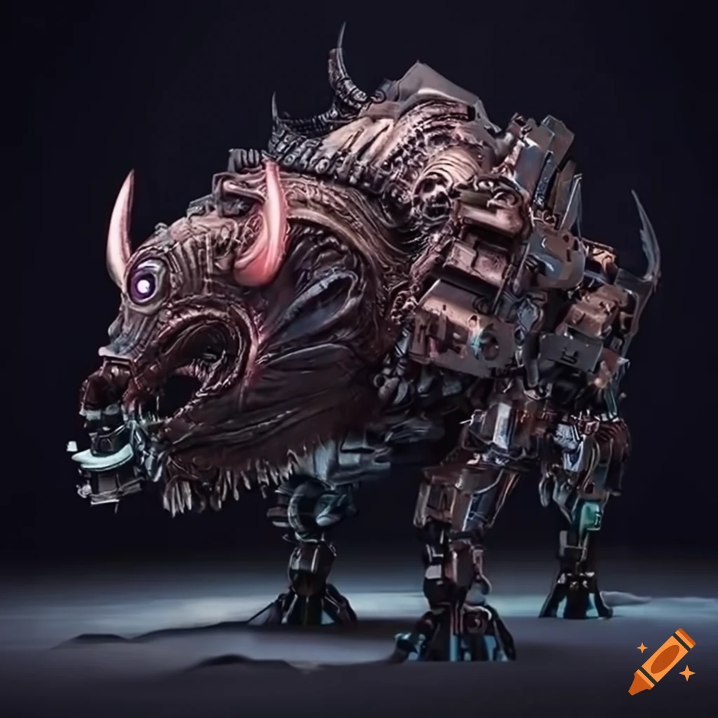 Intricately detailed robotic giant boar with glowing eyes on Craiyon