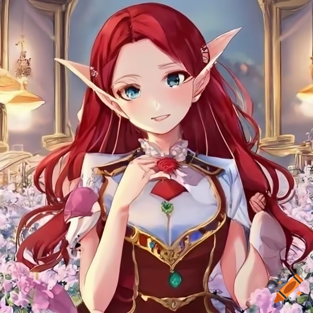 Anime princess red elven student in a dreamy library scene on Craiyon