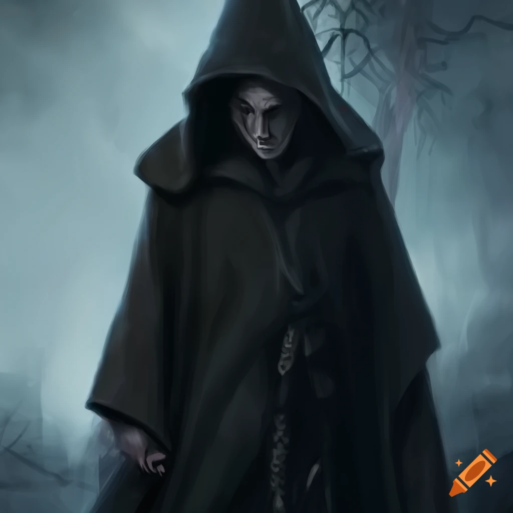 Young hobbit sorcerer in cloak with hood up in shadows on Craiyon