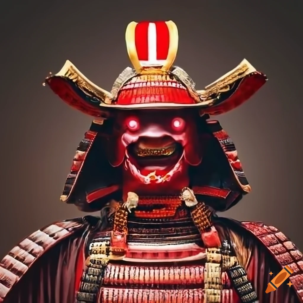 Japanese samurai in red costume with intense glare on Craiyon