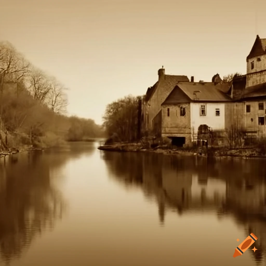 Sepia photo of a countryside town by a river on Craiyon