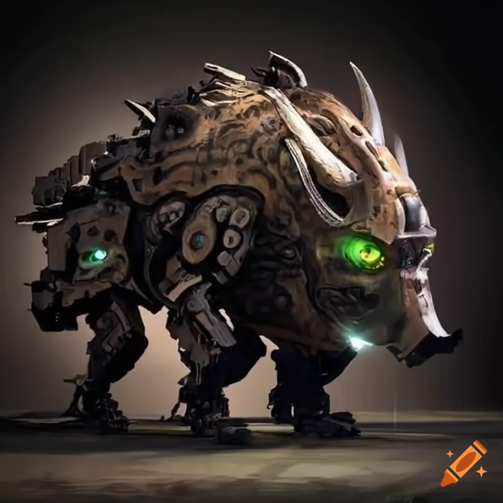 Mechanical robotic giant boar with glowing eyes prepared for battle on ...