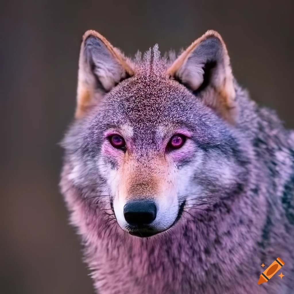 Close-up of a frosted mauve wolf with dark magenta eyes on Craiyon
