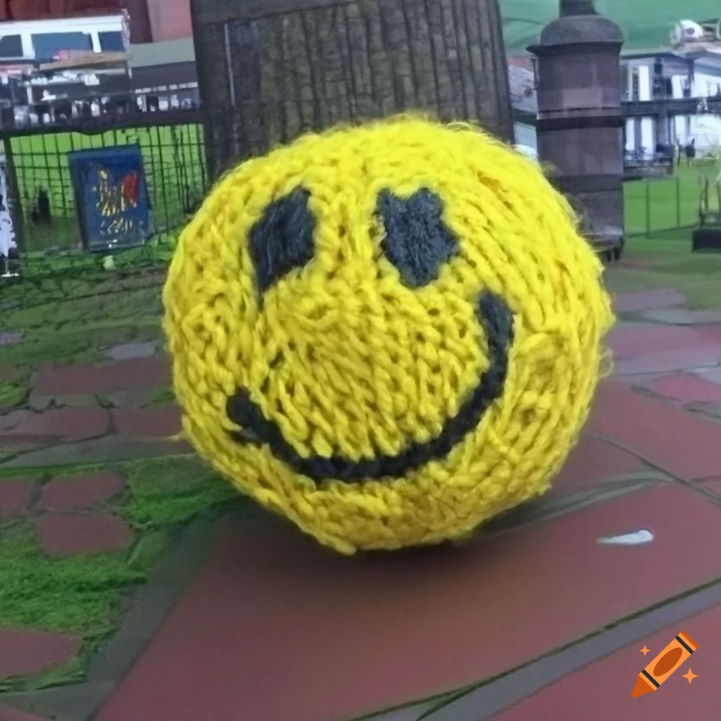 Yellow smiley face yarn bombed on a belisha beacon in manchester on Craiyon