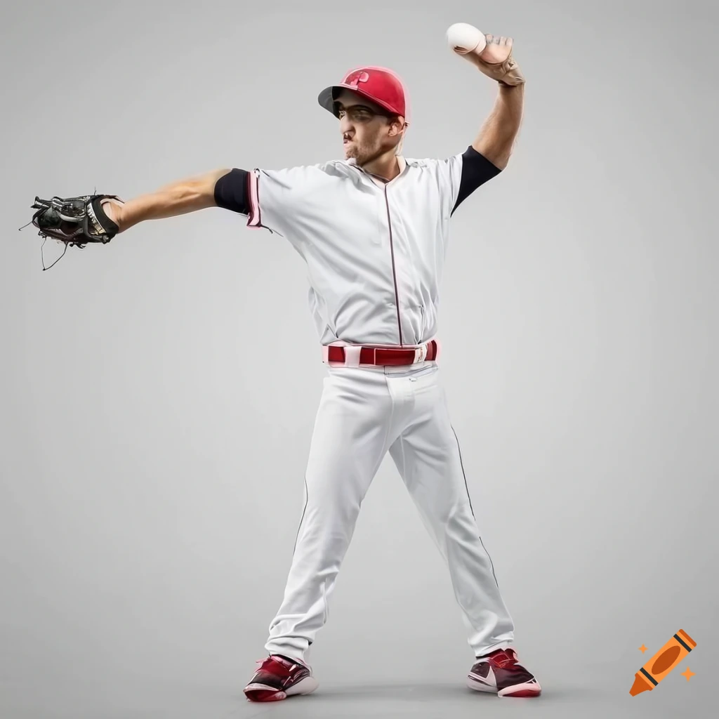 Caucasian baseball player in uniform with arms outstretched on Craiyon