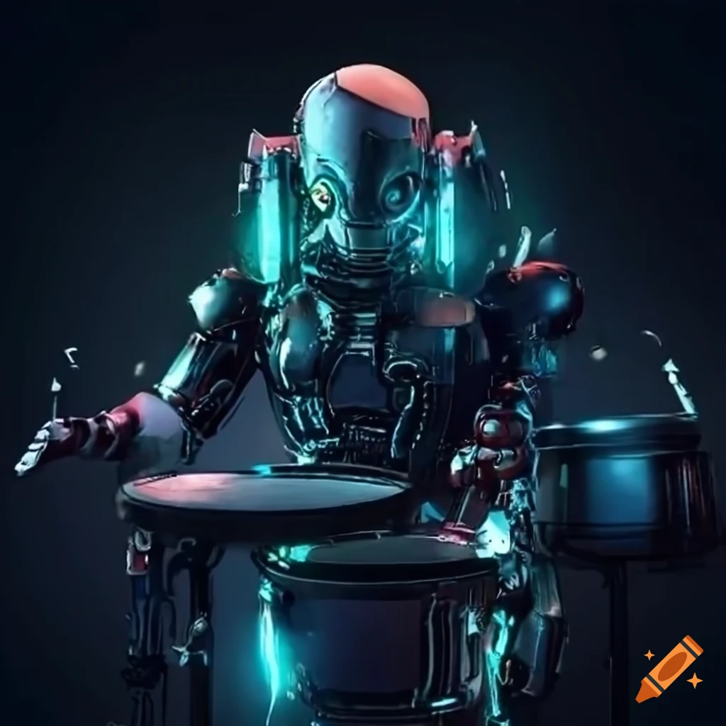 Cyberpunk robot playing drums on Craiyon