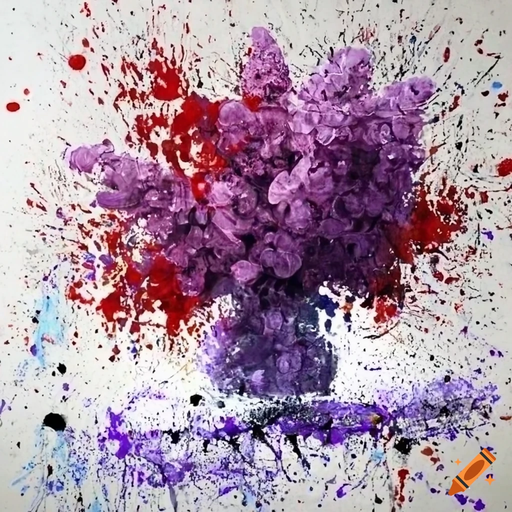 Abstract splatter painting of lilac in silver, white, red, and yellow ...