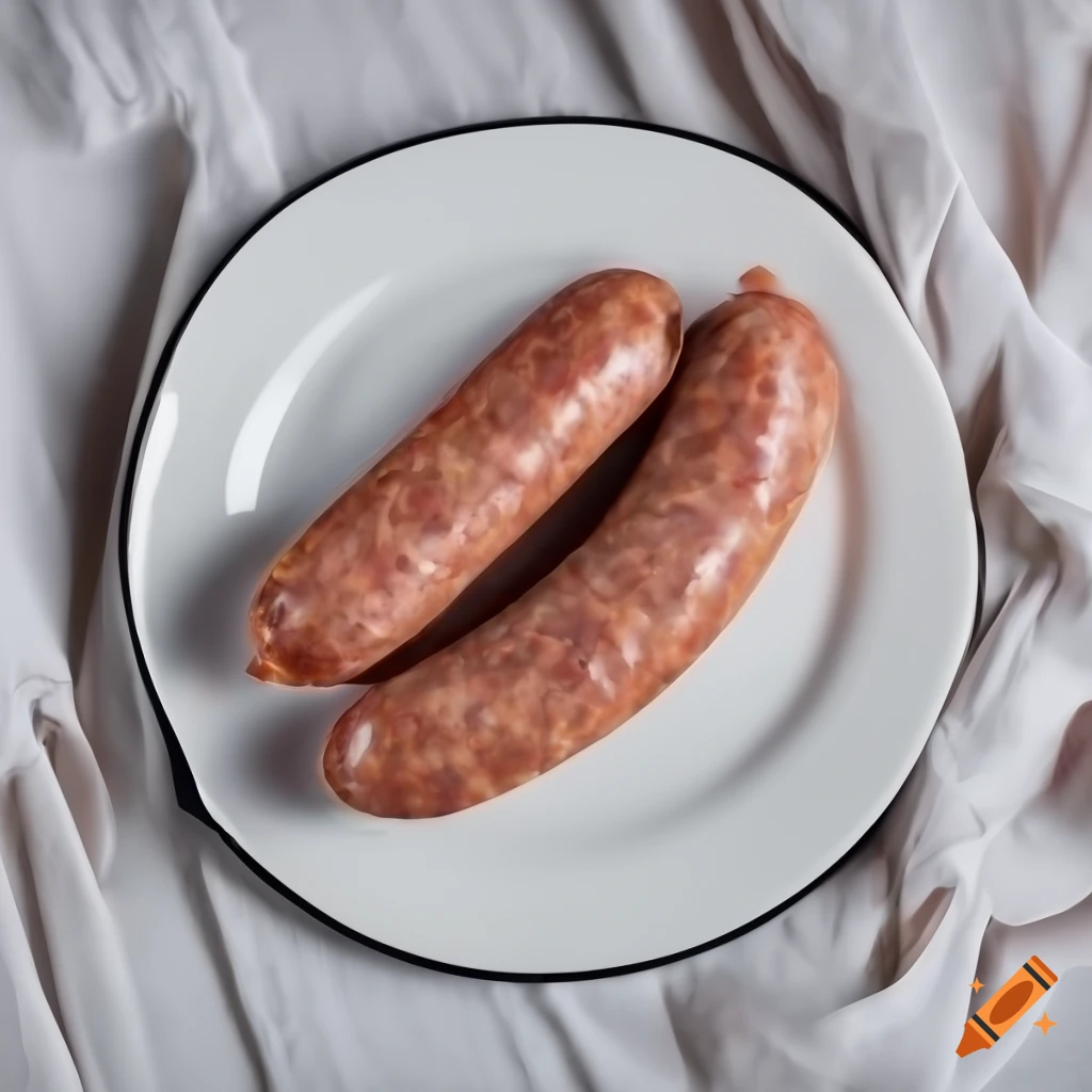Top view of a single sausage on a plate with a white tablecloth on Craiyon