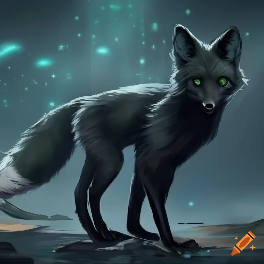 Full body anthropomorphic black fox with green eyes in stellaris style ...