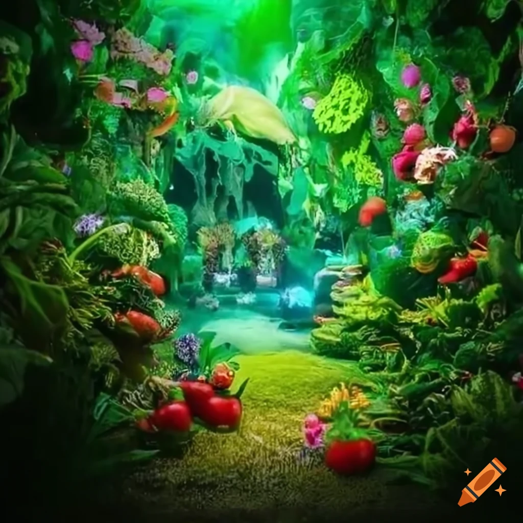 Magical cave filled with plants, flowers, and vegetables on Craiyon