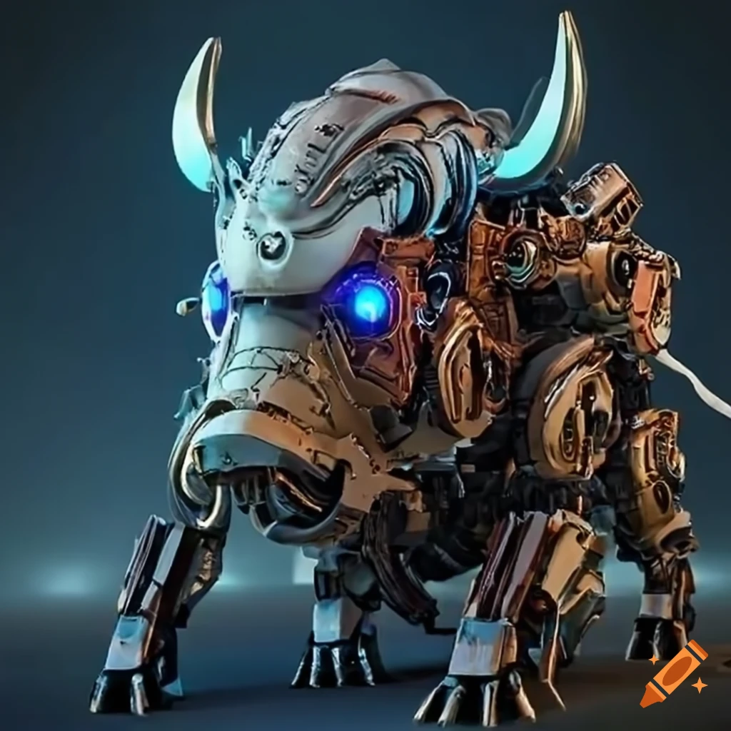 Mechanical robotic giant boar with glowing eyes prepared for battle on ...