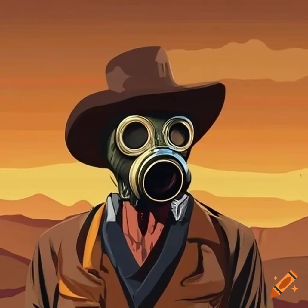 Cowboy wearing a gas mask in the desert landscapes of the wild west on ...