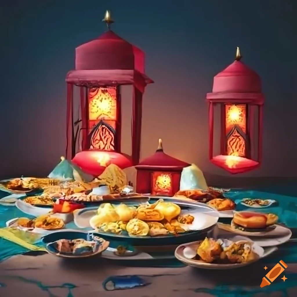 Traditional iftar gathering with colorful dishes under festive lanterns ...