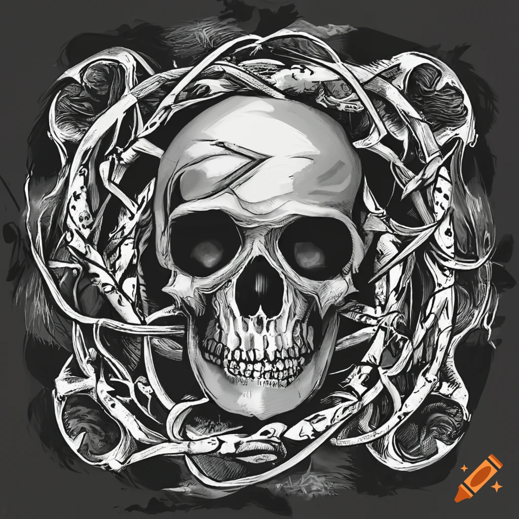 Skull wrapped in thorns with a philosophical quote on Craiyon