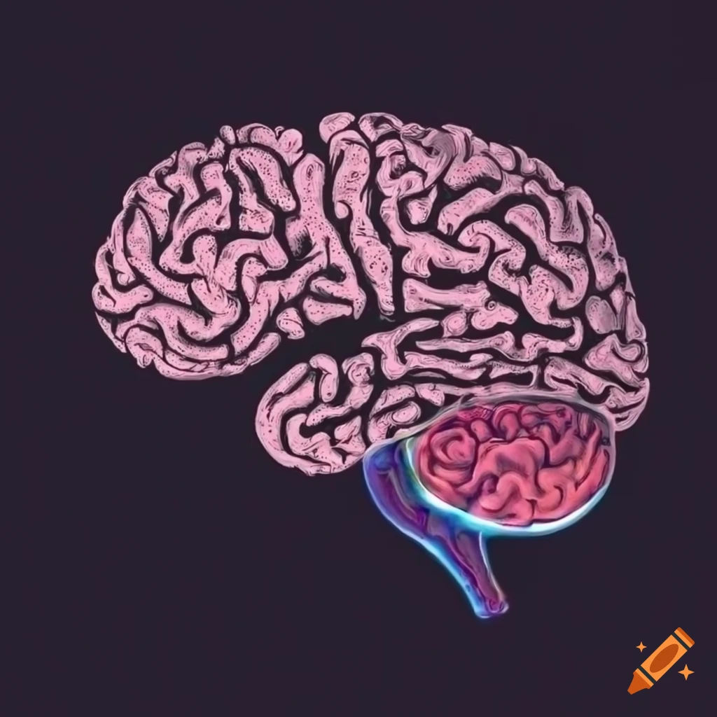 Detailed cartoon drawing of brain with neural nodes and synapses on Craiyon