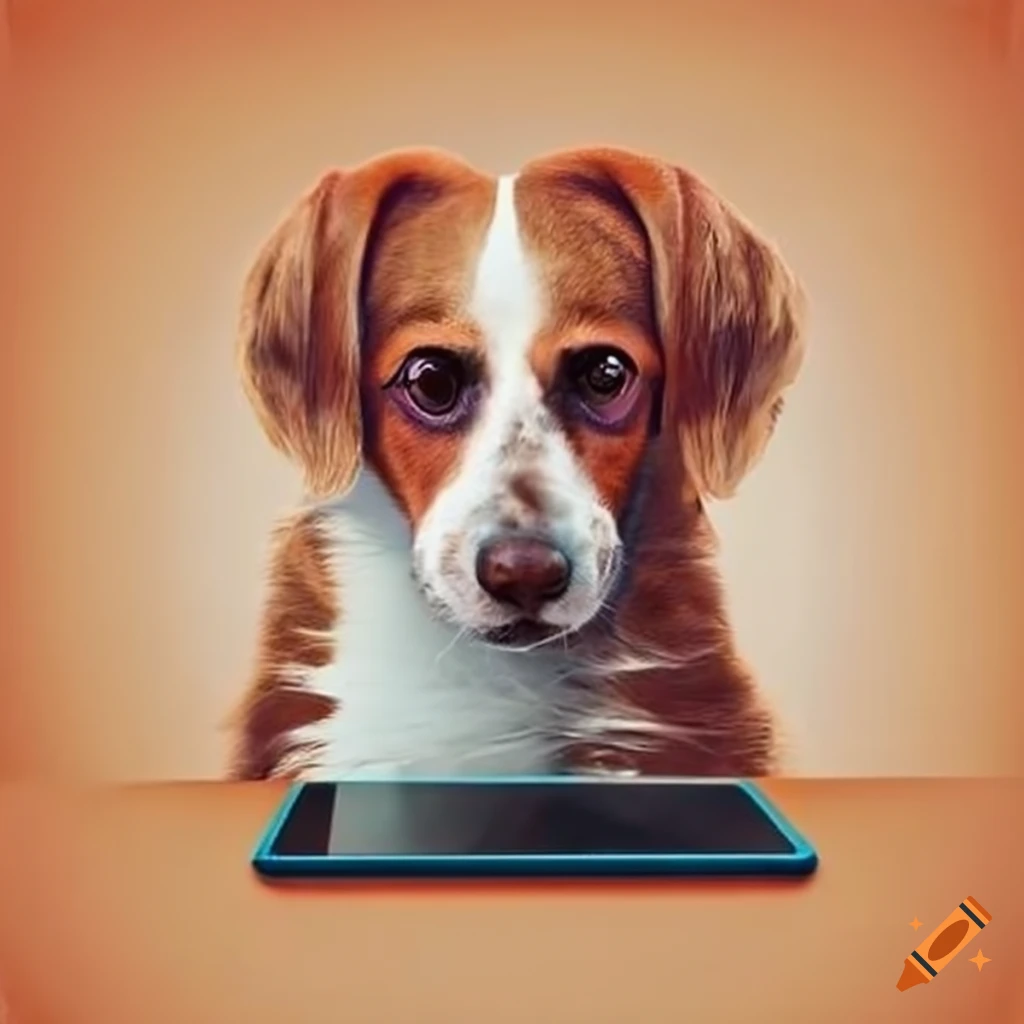 Laughing dog with a tablet on Craiyon