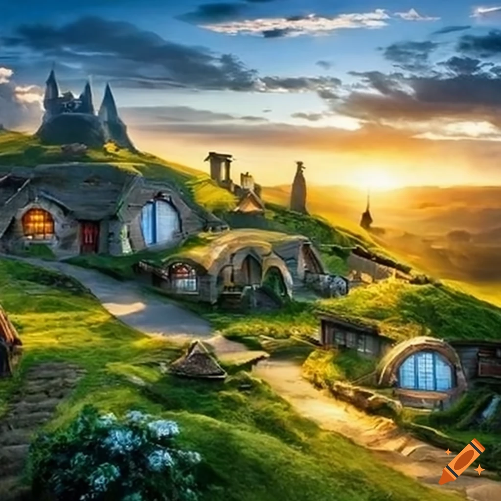 Hobbit village floating on a rock in a dark fantasy setting with golden ...