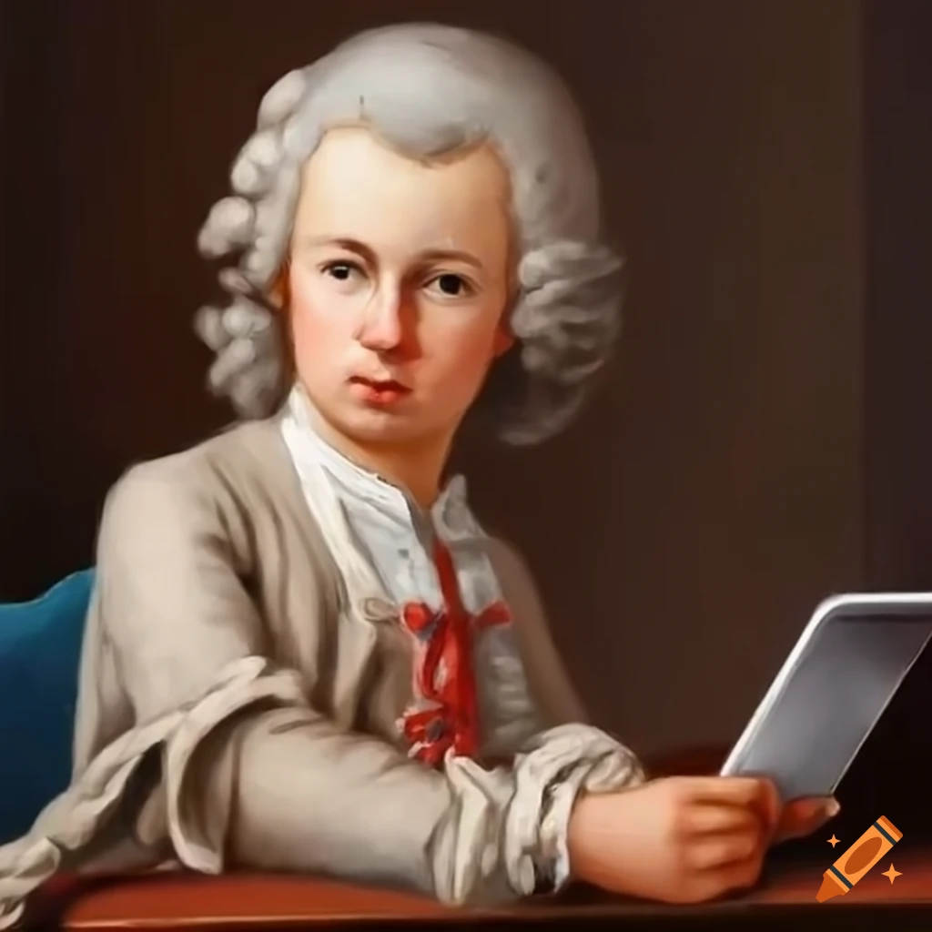 Child's painting of wolfgang mozart with a smartphone on Craiyon