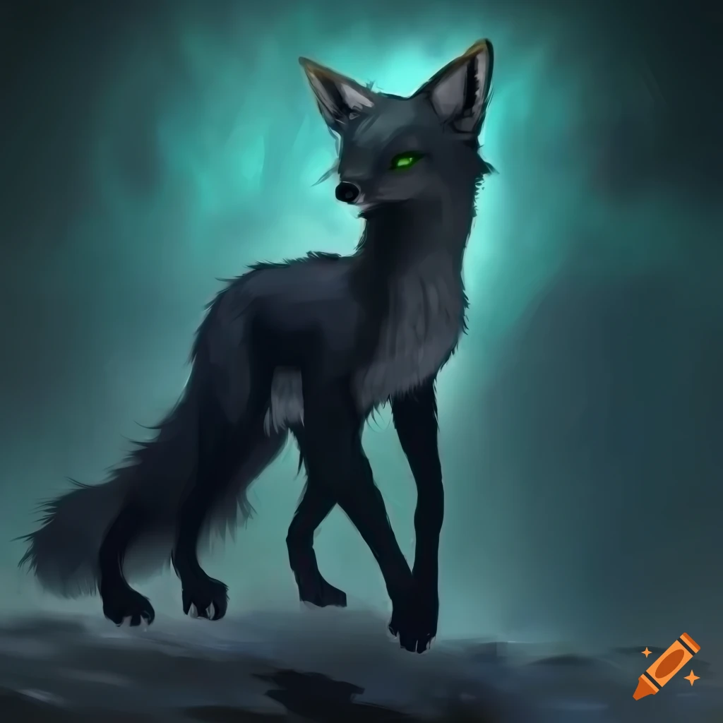 Detailed full body anthropomorphic black fox with green eyes in ...
