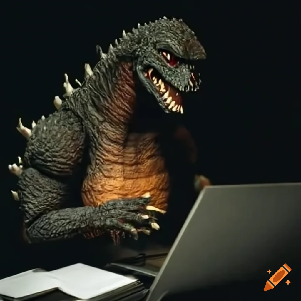 Godzilla at a computer desk studying the screen on Craiyon