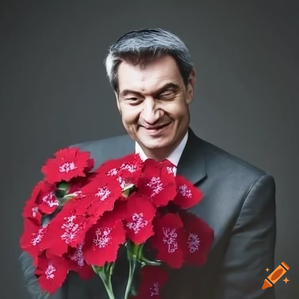 Portrait of smiling markus söder holding a red dianthus on Craiyon