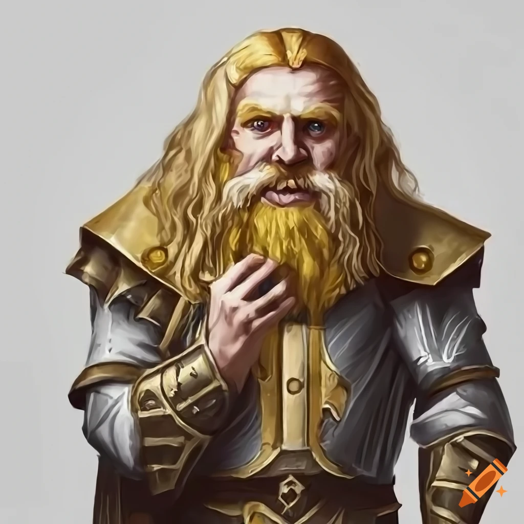 Middle aged dwarf cleric with golden hair and beard in priestly robes ...