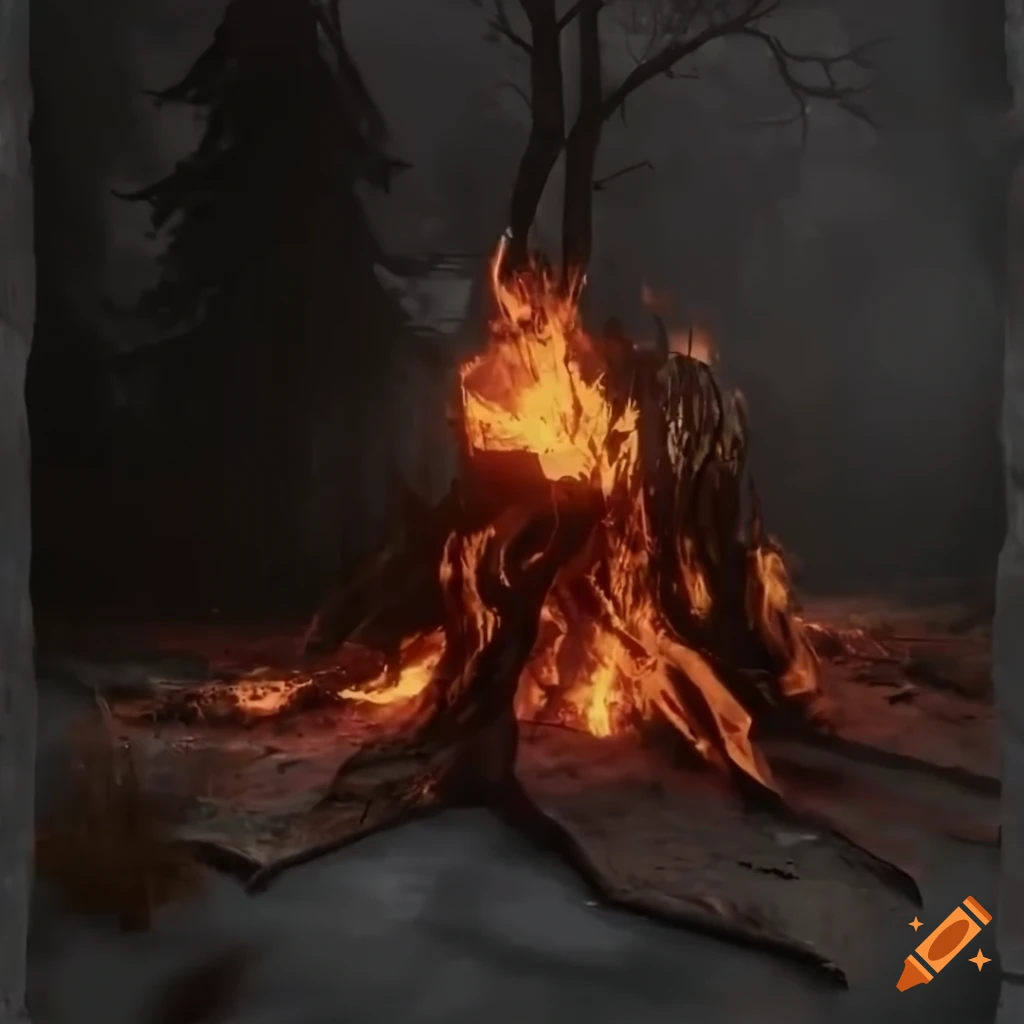 Burning woods in an Unreal Engine 5 simulation on a grey background on ...
