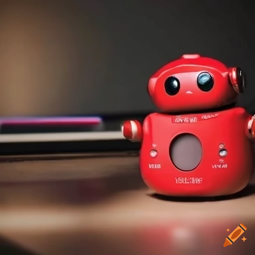 Red pomodoro timer robot with a student on a table on Craiyon