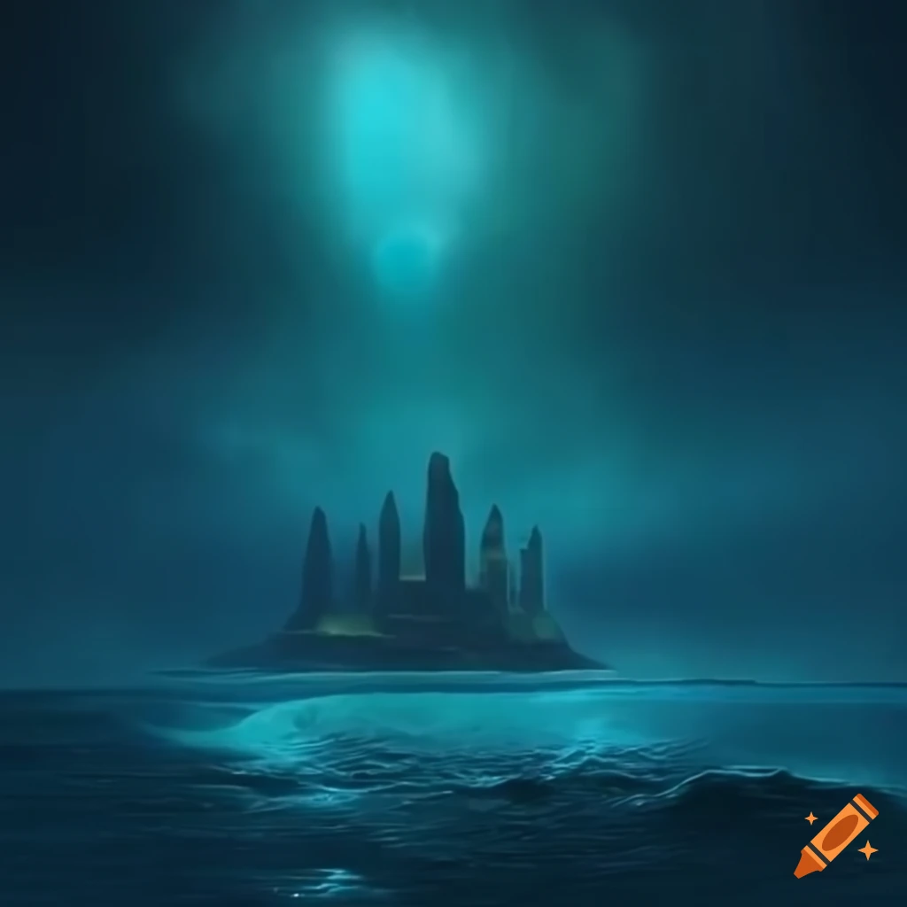 Dark blue sea depths swallowing the ancient city of atlantis with green ...