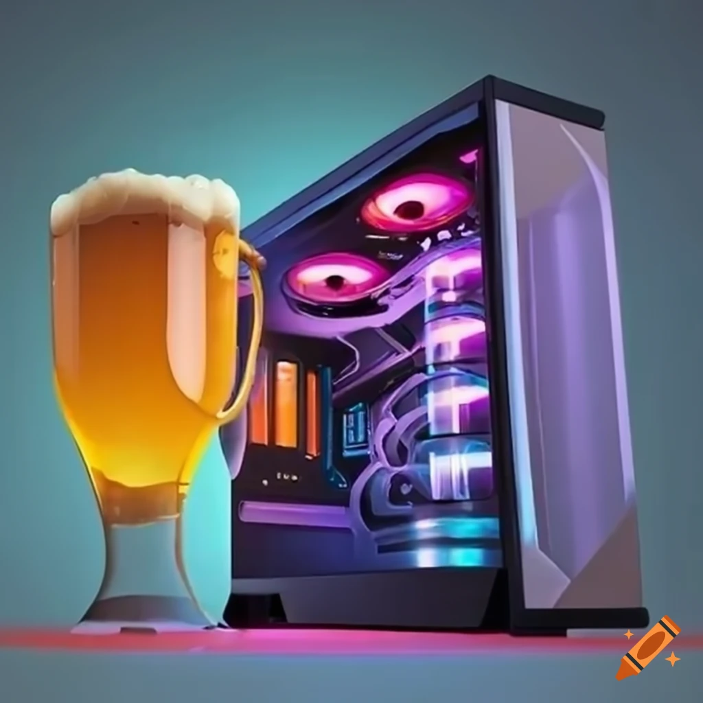 Gaming PC setup with a pint of beer in logo form on Craiyon