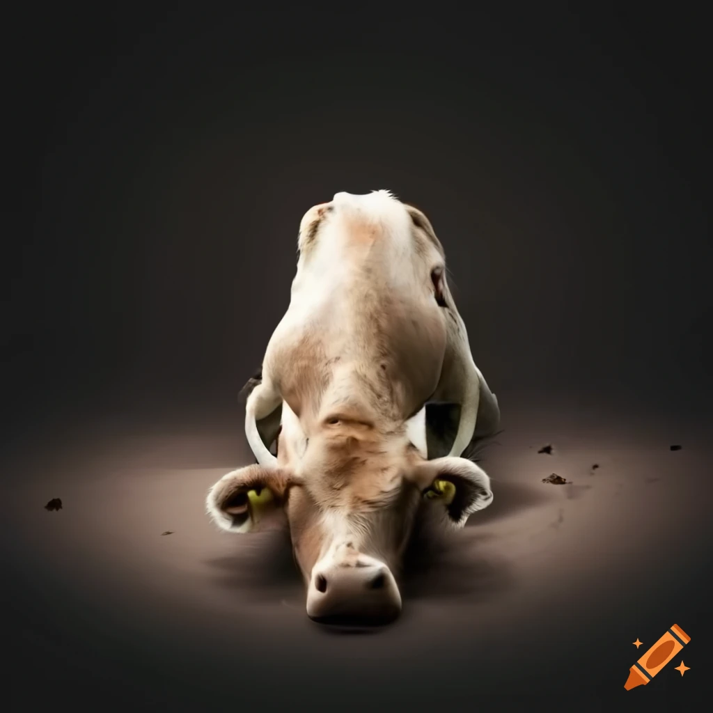 Cow lying down with hind legs extended like a frog on Craiyon