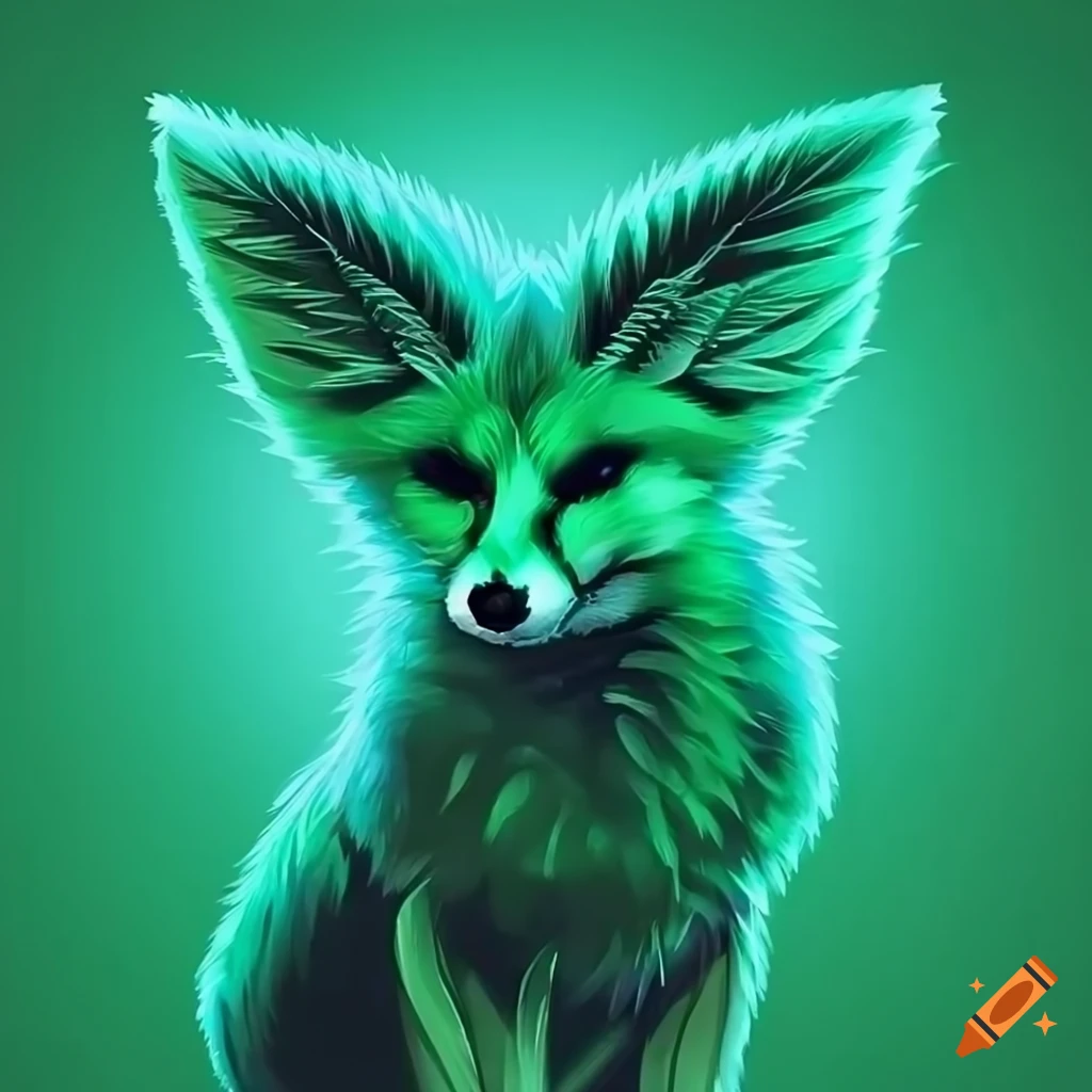 Magical fennec fox with vibrant green, black, and white fur and ...